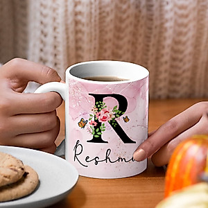 Personalized Name & Initial Monogram Floral Pink Pattern Alphabet White Coffee Mug Cup, Initial Monogram Travel Mug Gift For Women