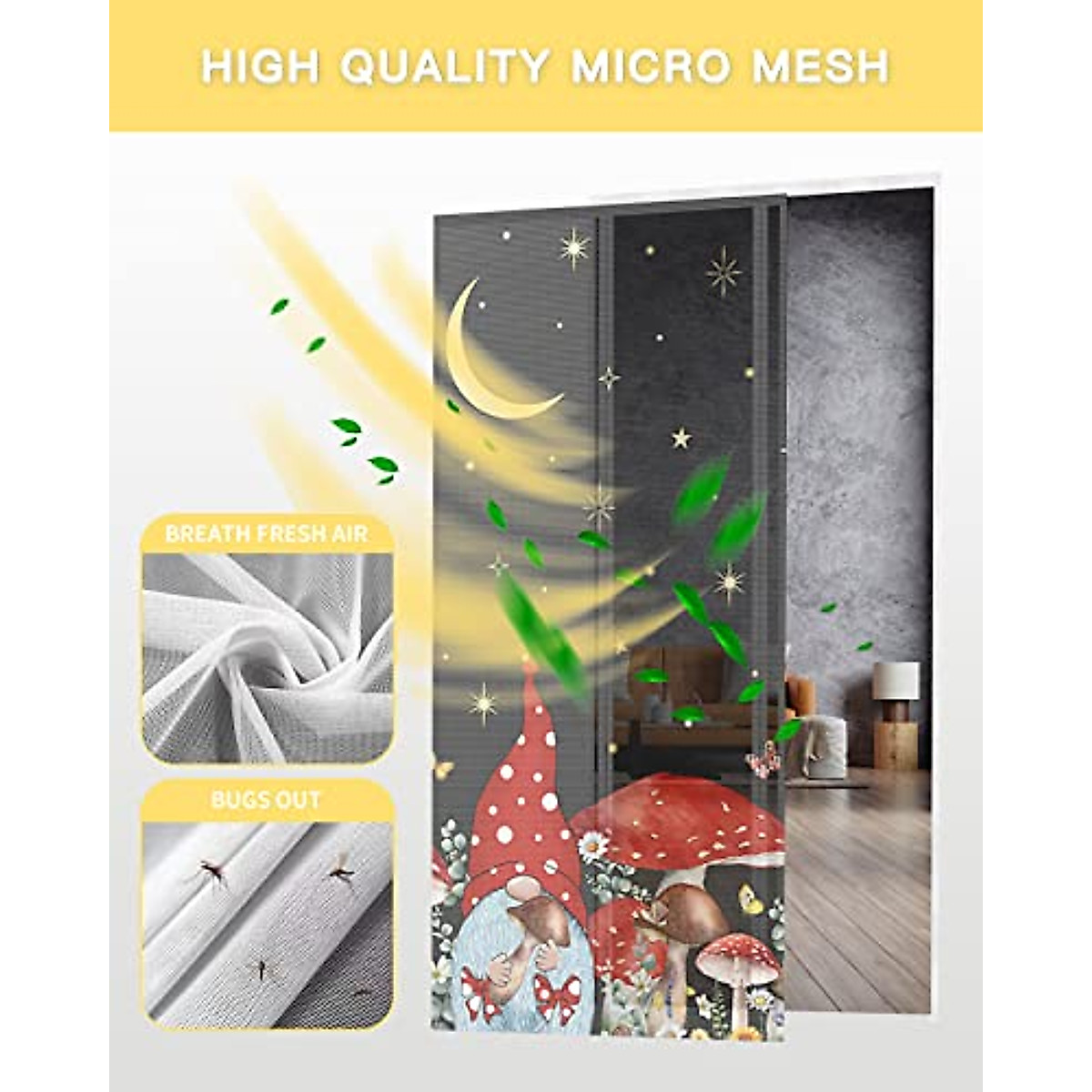 OComster Red Mushroom Black Magnetic Screen Door, Gnome Plant Flower Starry Sky Moon Hands Free Screen Mesh Size 38'' x 83'', Reinforce Heavy Duty Mesh Screen Doors for Patio/Front/Sliding Door