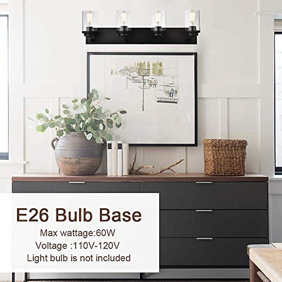 MELUCEE 4-Light Vanity Lights Over Mirror, Farmhouse Bathroom Light Fixtures Black with Clear Glass Shade, Industrial Wall Mount Lamp for Bedroom Kitchen Hallway