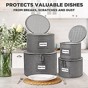 LotFancy China Storage Containers, Hard Shell, 4PCS Set, Dish Storage Box for Moving, Stackable Dinnerware Plate Organizer Bins with 48 Felt Dividers, Grey