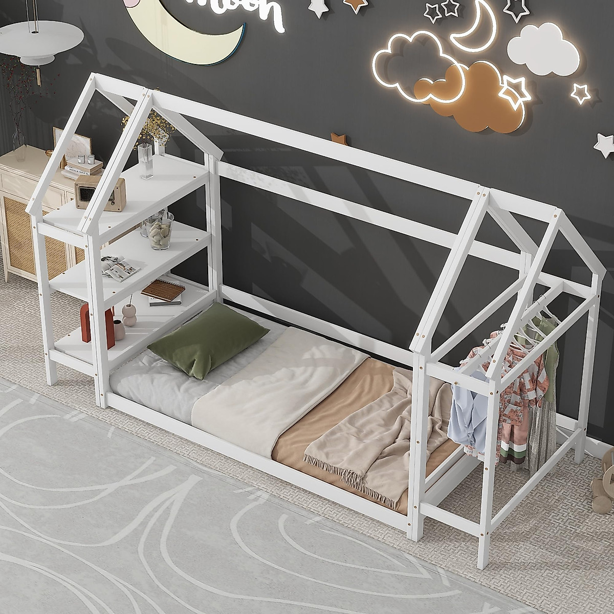 Mirightone Twin House Bed for Kids Montessori Floor Bed with Storage Shelves Twin Size Kids Bed Frame with 2 Detachable Stands Wood House Bed for Girls Boys Children, White