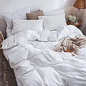 MooMee Bedding Duvet Cover Set 100% Washed Cotton Linen Like Textured Breathable Durable Soft Comfy (Off White, Queen)