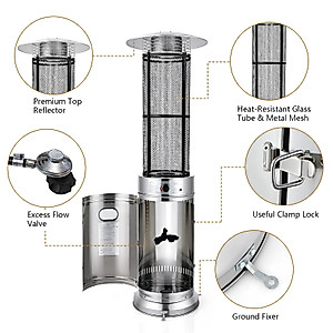 COSTWAY Outdoor Propane Patio Heater, 40,000 BTU Propane Heater with Dancing Flame, Portable Wheels, Stainless Steel Pyramid Floor-Standing Outdoor Heater for Balcony Backyard Garden, Silver