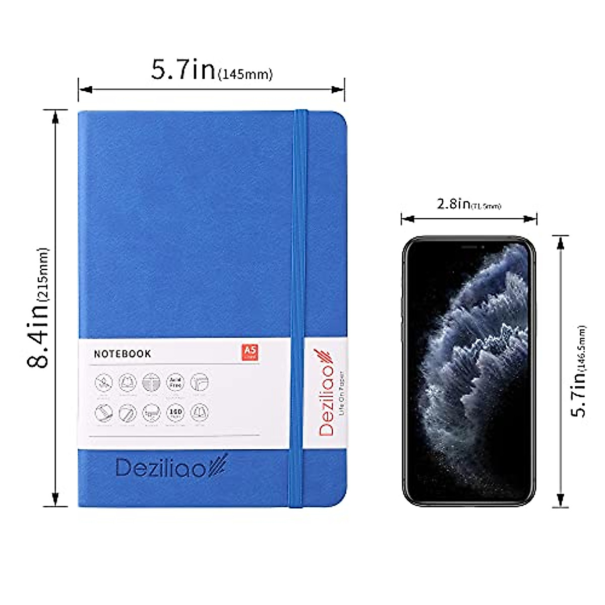 Deziliao Hardcover Notebook Journal 160 Pages, Lined Journal Notebooks for Work, 100Gsm Premium Thick Paper with Pocket, Medium 5.7"x8.4" （Blue, Ruled）