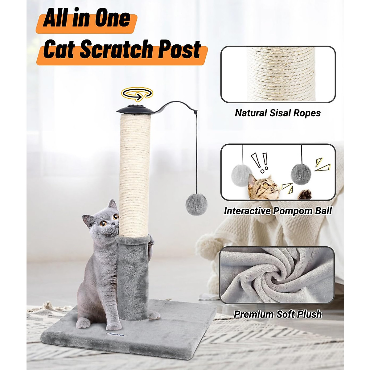 Happi N Pets 22" Cat Scratching Posts for Indoor Cats, Carpet Cat Scratch Post, Sisal Cat Scratcher, Cat Post with Rotatable Hanging Balls & Stable Base, Cat Scratchers for Kittens-Light Gray