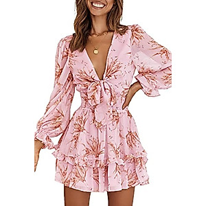 PRETTYGARDEN Women's Short A-Line Flare Dress Knot Front Long Sleeve V Neck Tiered Ruffle Swing Mini Skater Dresses (Pink Floral,Small)