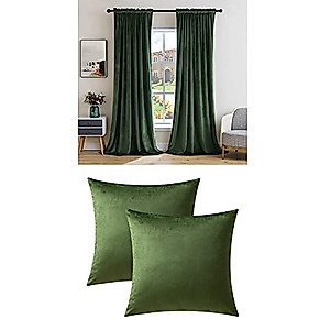 MIULEE Olive Green Velvet Curtains Thermal Insulated Blackout Curtain Set of 2 and Pack of 2 Velvet Soft Solid Decorative Square Throw Pillow Covers 18 x 18 Inch Moss Green