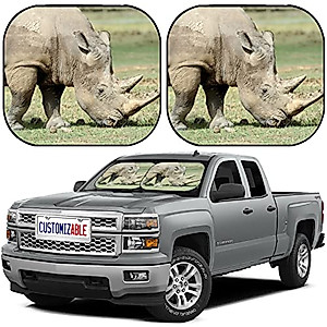 Maizi Sun Cover for Car Windshield 2pcs Universal Fit Sun Covers for Car Windshield Fits Most Wagon, Small Car, Pickup Truck, Van Image ID: African White Rhino Lake Nakur American-Made Product