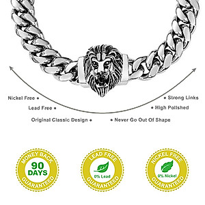 W/W Lifetime Cuban Link Chain for Men Lion Choker Hip Hop Silver Necklace 18",20" Jewelry, 14mm Polishing Stainless Steel