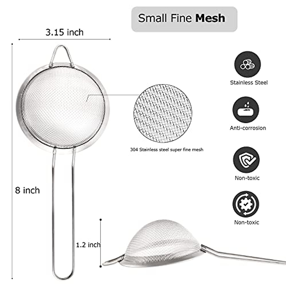 Fine Mesh Strainer Stainless Steel 3 Inch Small Mini Tea Strainer Cocktail Food Coffee Sturdy Long Handle Double Straining Sifter Kitchen Metal Bar Sieve Utensil strainer for juicing (Silver)