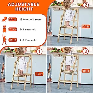 Toddler Step Stool, Folding Wooden Step Stool, Montessori Learning Tower, Kids Step Stool Toddler Tower, Kitchen Helper Stool for Toddlers, Toddler Tower Step Stool Kitchen Helper Standing Tower
