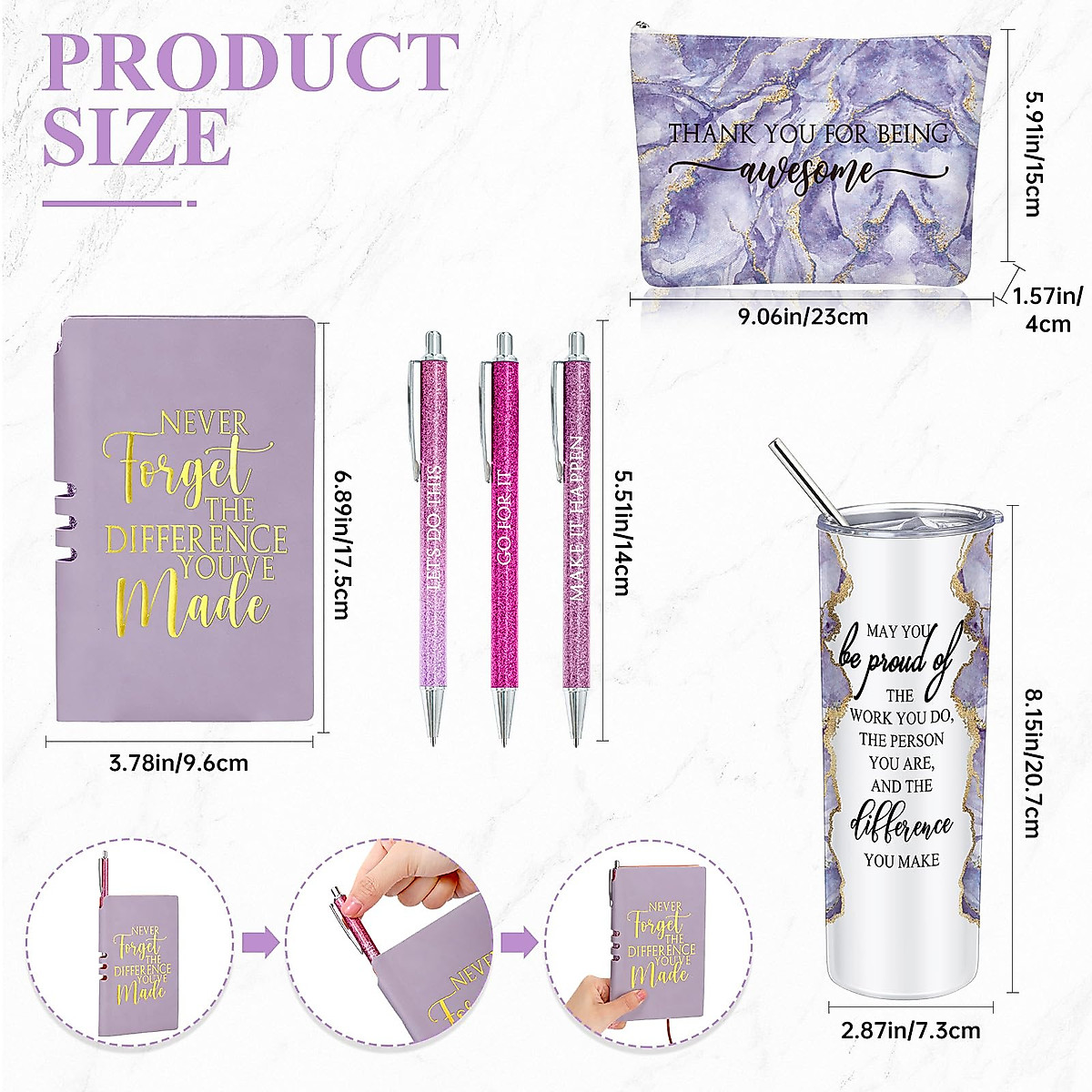 Domensi 6 Pcs Employee Appreciation Gift Set for Women Thank You Gift May You Be Proud 20 oz Rustic Purple Marble Sign Tumbler Makeup Bag Journal Ballpoint for Teacher Nurse Lady Work Business Gift