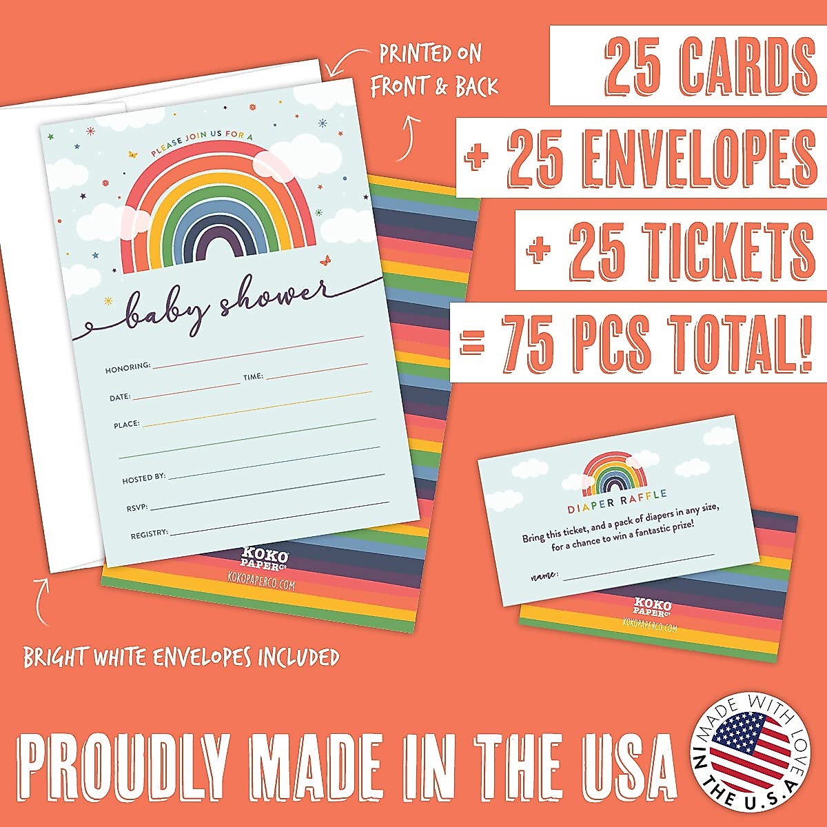 Koko Paper Co Rainbow Baby Shower Invitations and Diaper Raffle Tickets | 25 Fill-in Invitations, 25 Bright White Envelopes and 25 Diaper Raffle Tickets | 75 pcs Total | Printed on Heavy Card Stock.