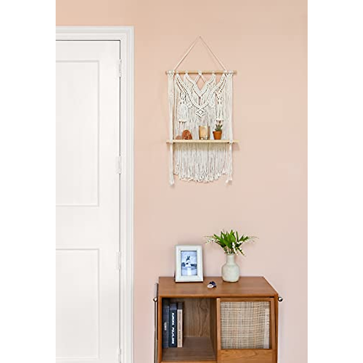 Mkono Macrame Wall Hanging Shelf Boho Decor Wood Floating Shelf for Bedroom Living Room Nursery Bathroom, Handmade Woven Rope Storage Rack for Photo Frames Plant Display