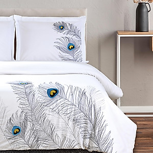 100% Cotton, 3-Piece King/California King, Single Ply, Soft, Embroidered Peacock Duvet Cover Set, Silver