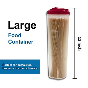 Kevo Tall Pasta Container Food Storage for Spaghetti, Noodle Cereal, Beans, Rice Keeper Plastic Tall Jar with Measuring (100g,200g) Lid (2-Pack(Blue-Red))
