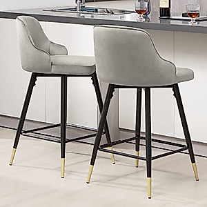 Swivel Barstool Set of 2: 25" Counter Height Bar Stools, Modern Bar Stools for Kitchen Island, Velvet Counter Stool with Back,Island Chairs for Kitchen Counter, 2 Counter Stools, Grey Bar Chair