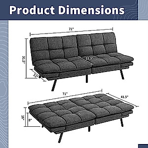 IULULU Futon Sofa Bed, Modern Convertible Sleeper Couch with Adjustable Armrests for Studio, Office, Apartment, Compact Living, Bonus Room, Overnight Guests, Gray