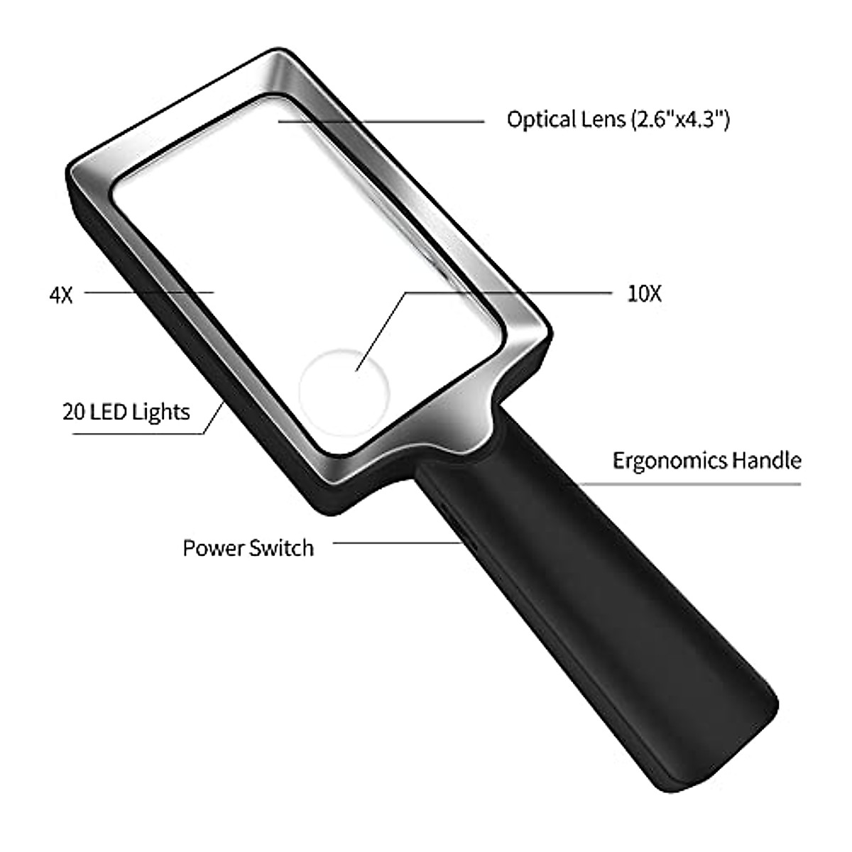 Magnifying Glass with Light, 4X 10X Black Magnifier with 20 Anti-Glare and Dimmable LED Lights Provides Evenly-Lit Viewing Area for Low Vision Seniors
