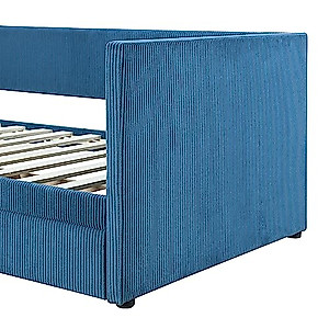Merax Twin Size Corduroy Daybed with Two Drawers and Wood Slat,Sofa Bed Frame for Bedroom,Boys,Blue