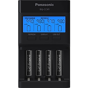 Panasonic K-KJ65K3A4BA Super Advanced 4-Position Quick Charger with LCD Indicator Panel, USB Charging Port and 4AAA eneloop pro Rechargeable Batteries, Black