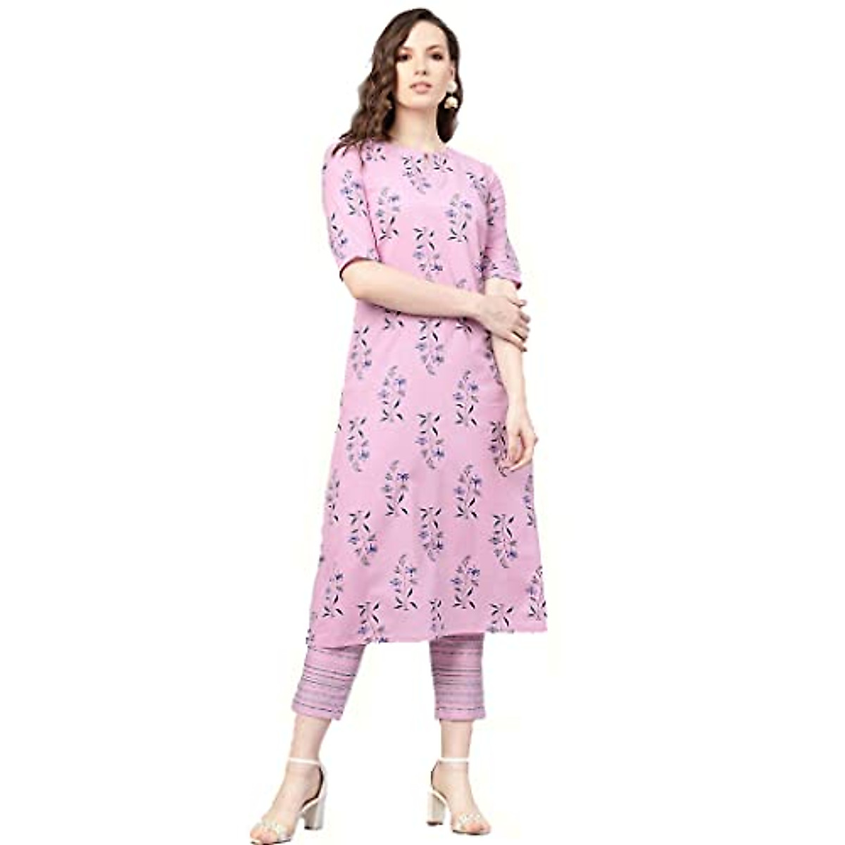 Chandrakala Women's Cotton Printed Kurti Pant Set Elbow Sleeve Straight Kurti Kurta,XX-Large,Pink (K220PIN5)