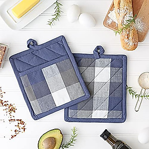 DII Tri-Color Check Collection Kitchen, Potholder Set, French Blue, 2 Piece