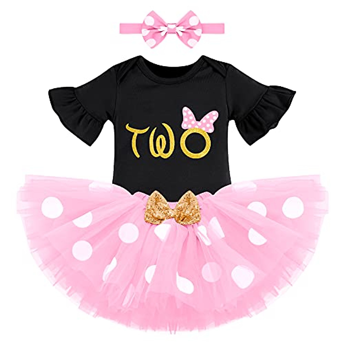 Cake Smash Wild Two Birthday Clothes for Baby Girls Polka Dots Romper Tulle Dress Ear Princess Pageant Outfits Sundress Playwea Pink+Black 2T