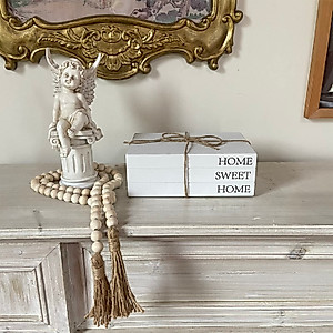 Decorative Books for Home Decor, White Faux Books for Decoration, Rustic Farmhouse Stacked Display Books with 52in Wood Bead Garland for Coffee Tables Living Room, (HOME SWEET HOME)