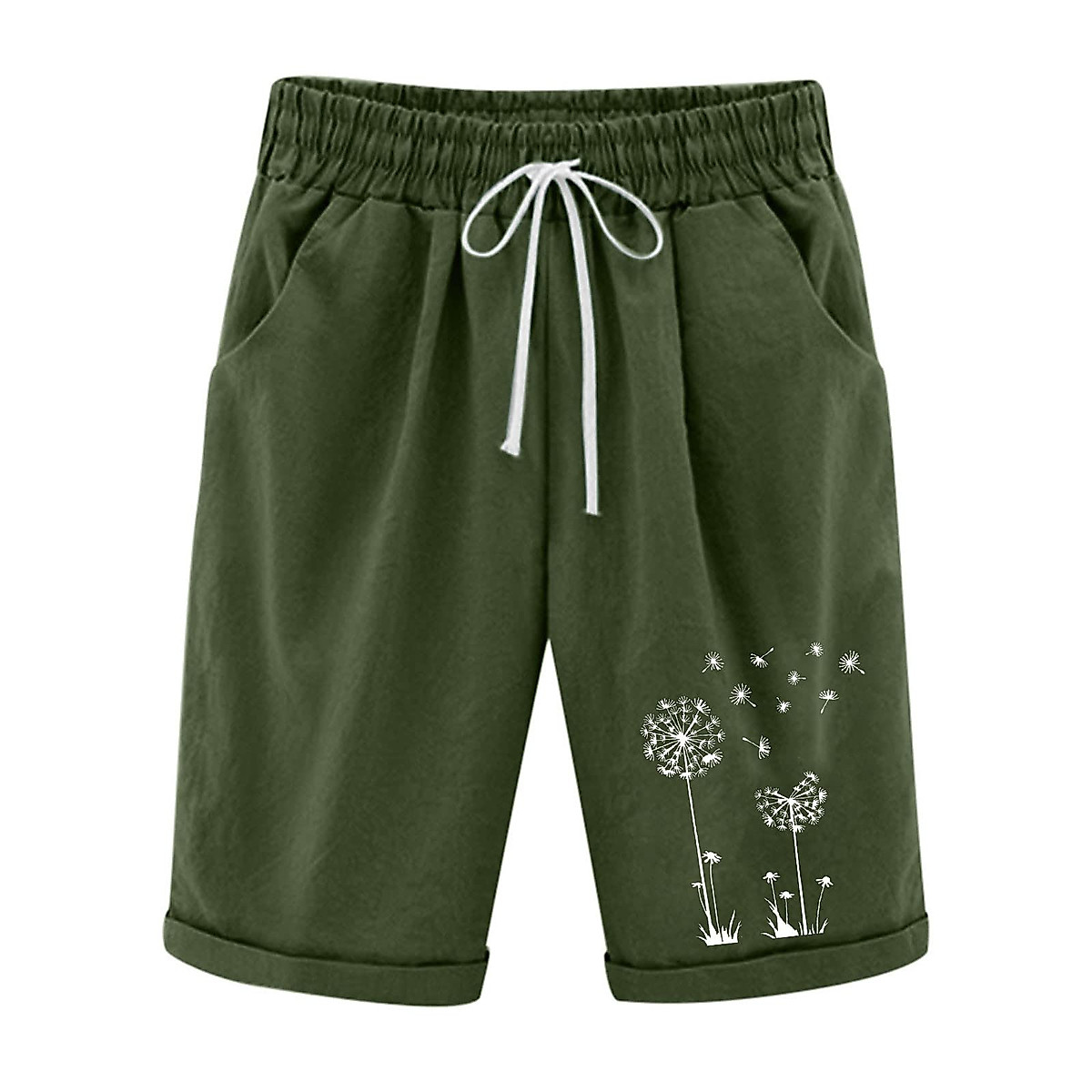 Flowy Shorts for Women Summer Bermuda Shorts for Women High Waisted Cotton Linen Elastic Drawstring Summer Shorts Casual Loose Fit Dandelion Print Army Green 2X