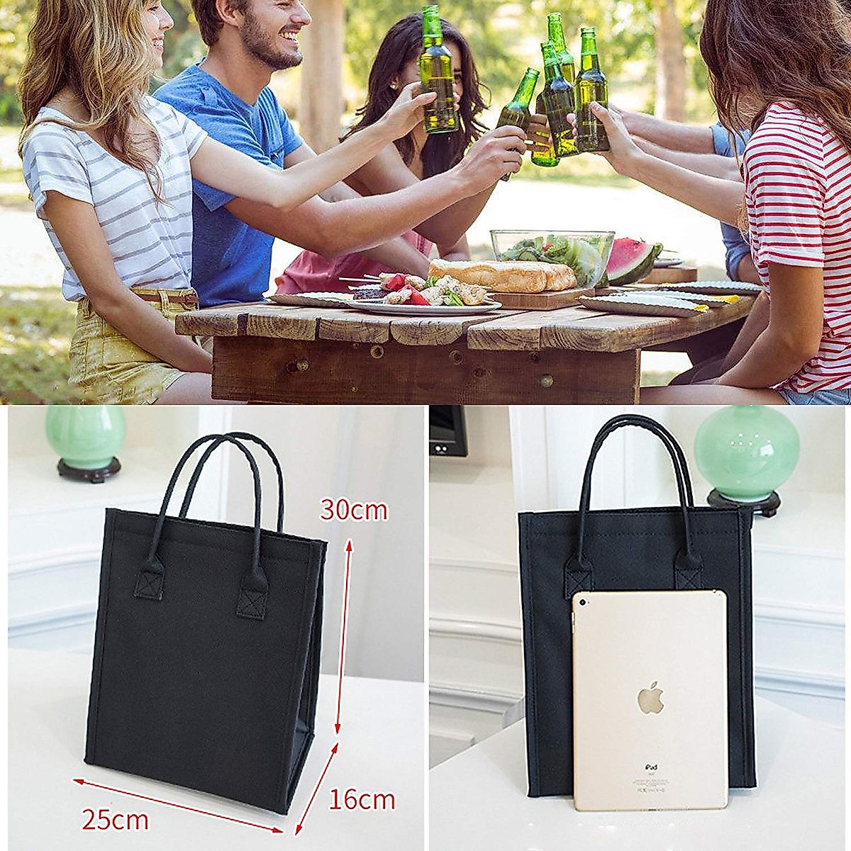 Insulated Lunch Bag Tote Leakproof Lunch Container Bag Durable Lunch Box for Adults Women Men Reusable Cooler Bag for Work Shopping Picnic (Black)