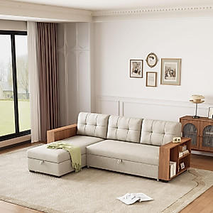 Favfurish 84" Convertible Sectional Couch with Pull Out Bed and Storage Chaise,L Shaped Sleeper Sofa W/Wood Cabinet Armrests&Removable Back Cushions,Living Room Furniture for Home,Office,Dark Beige