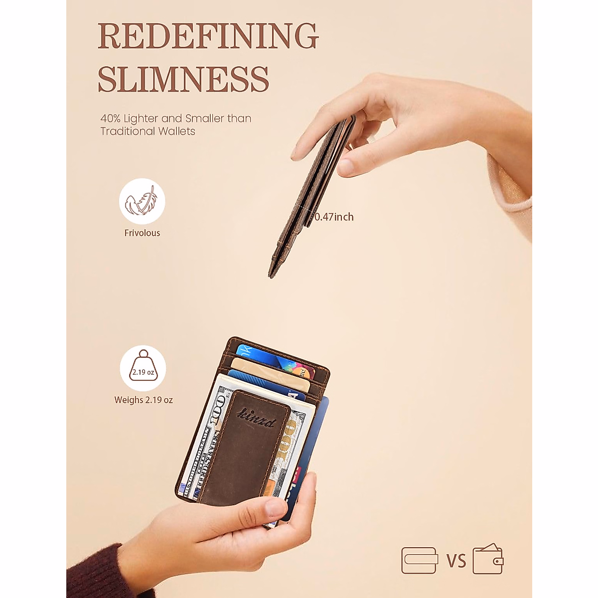 kinzd Money Clip, Front Pocket Wallet, Leather RFID Blocking Strong Magnet thin Wallet (Crazy Horse dark brown)