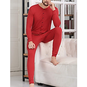 COLORFULLEAF Men's Cotton Thermal Underwear Union Suits Henley Onesies Base Layer (Red, XL)
