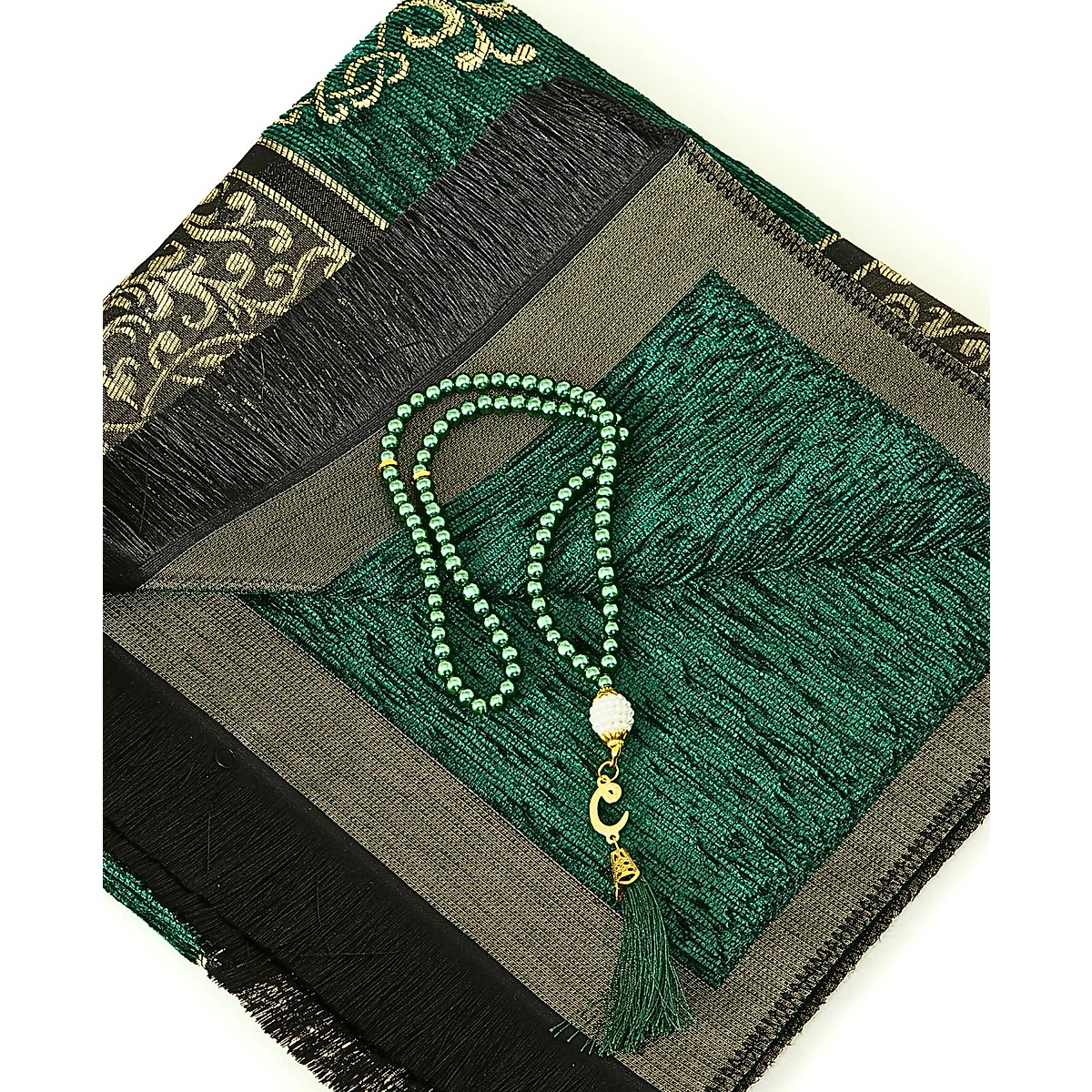 Prien Prayer Rug with Tasbih | Muslim Carpet | Praying Mat with Prayer Beads | Islamic Gifts for Women Men | Islam Portable Pray Set for Travel Kids Ramadan Namaz Hajj Umrah (Green)