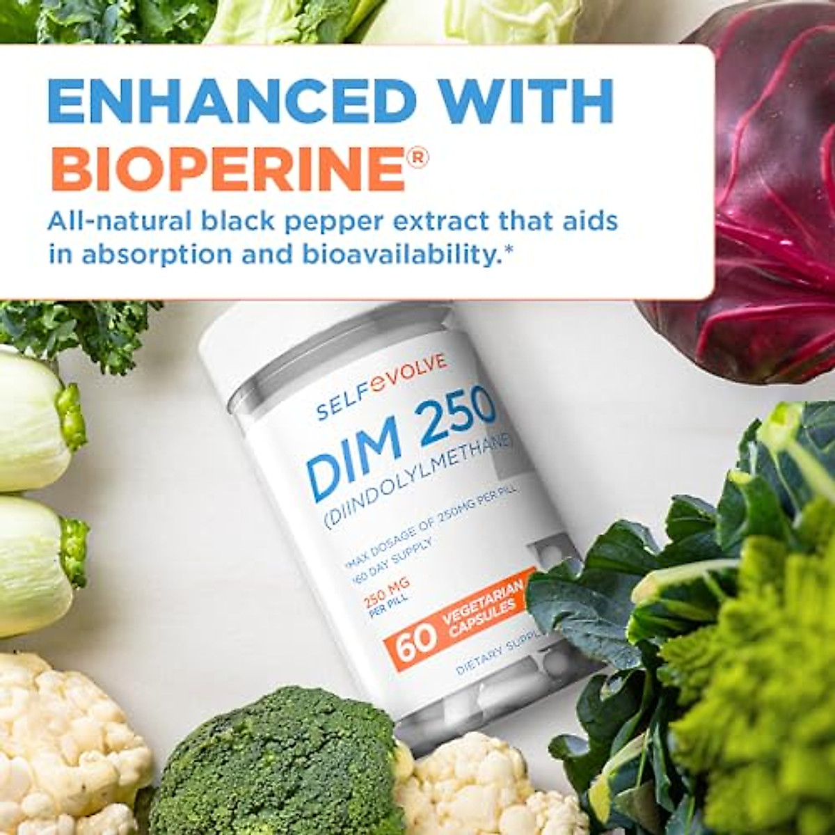 selfevolve DIM Supplement 250 mg with BioPerine, Estrogen Balance & Hormone Balance for Women & Men, Menopause Supplements for Women, Antioxidant Support, Vegan Capsules, 60 Ct, 2 Month Supply