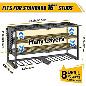 jsyonii Power Tool Organizer Wall Mount, 4 Layer Heavy Duty Metal Power Tool Storage Rack with 8 Drill Holders, Heavy Duty Metal Garage Tool Shelf with Wrench Hammer Pliers Screwdriver Holder