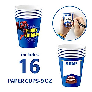 Spiderman Party Supplies for Kids Birthday, Disposable Tableware for 16 Guests, Include 7” Plates,9” Plates, 9 oz Cups, Table Cover, Napkins