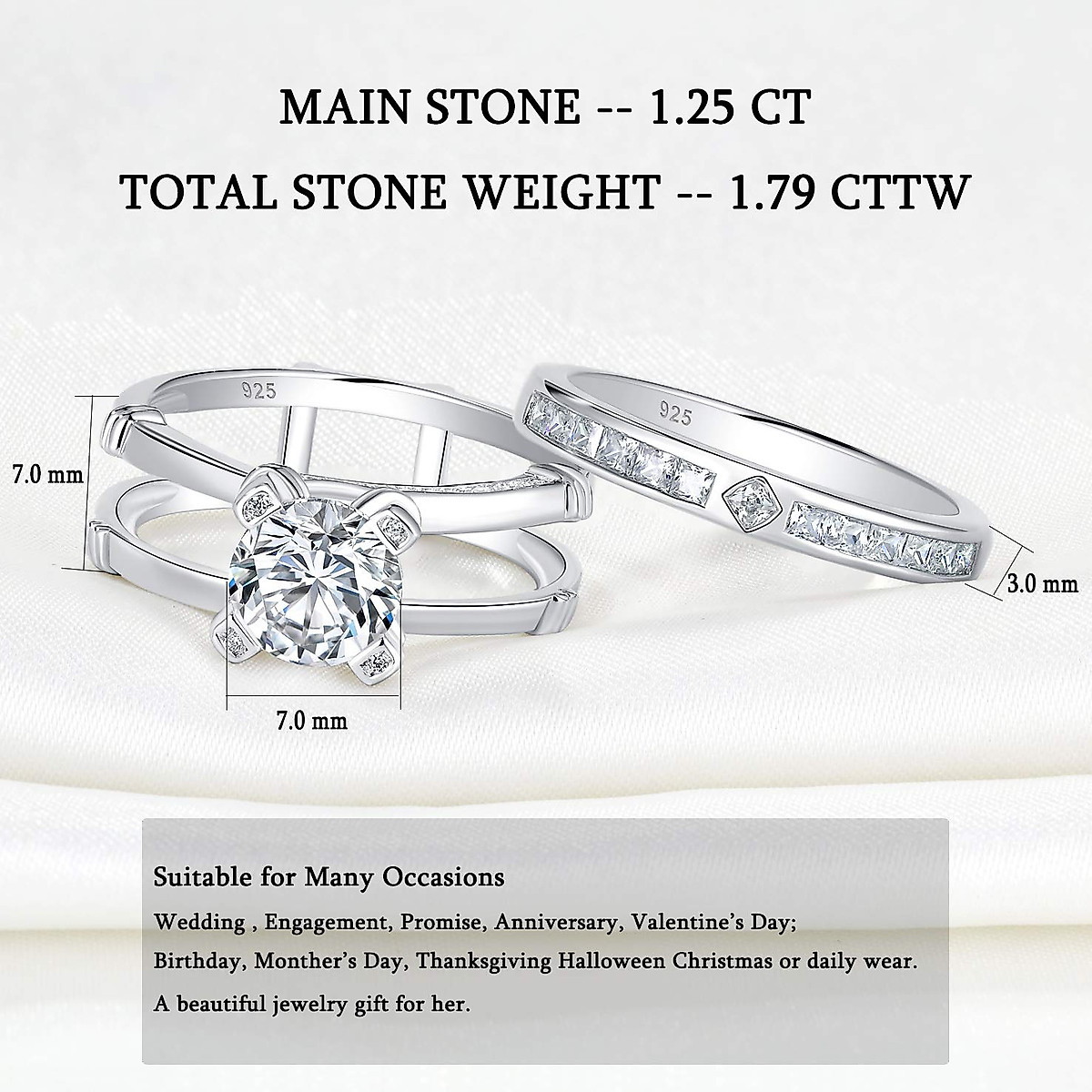 Blongme Wedding Engagement Rings Set for Women 925 Sterling Silver Round CZ Anniversary Band Promise Bridal Size 7