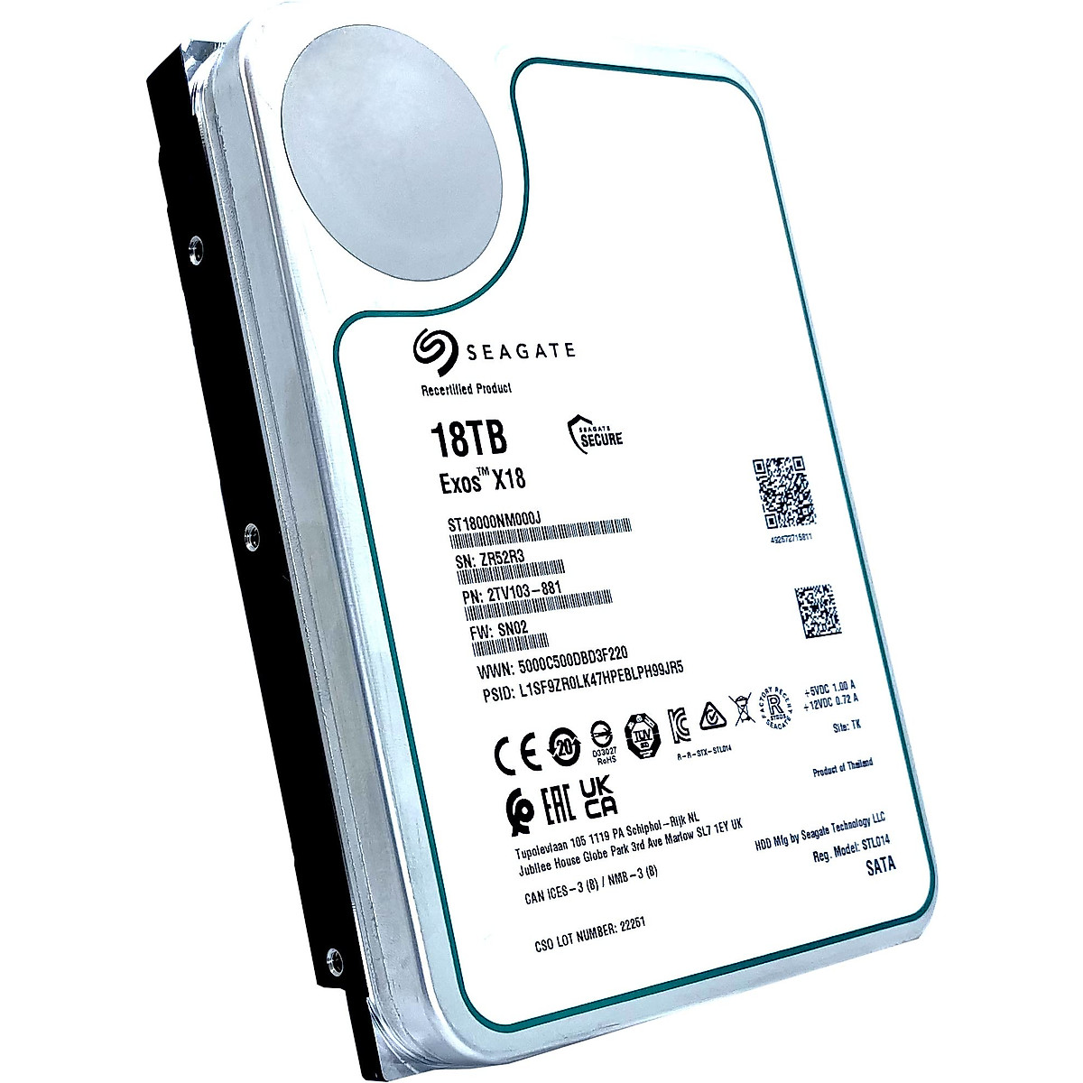 Seagate (Recertified Exos X18 18TB Enterprise HDD - CMR 3.5 Inch Hyperscale SATA 6Gb/s, 7200 RPM, 512e and 4Kn FastFormat, Low Latency with Enhanced Caching (ST18000NM000J)