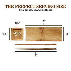 BambooMN 6 Piece, 2 Sets of 7" Reusable, Eco-Friendly, Carbonized Brown Bamboo Sushi Serving Plates/Trays: Chopsticks, and Soy Sauce Dishes Included!