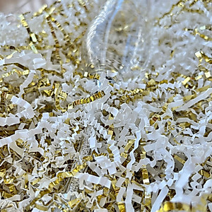 Crinkle Cut Paper Shred Filler (1/2 LB) for Valentine's Day Gifts Craft DIY's Packaging, White & Gold Shredded paper for Gift Box, Wrapping & Basket Filling for Christmas, Halloween & Wedding Decorations (White & Gold）
