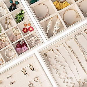 Mebbay Large Stackable Velvet Jewelry Trays Organizer, Jewelry Storage Display Trays for Drawer, Earring Necklace Bracelet Ring Organizer, Set of 4 (Warm White), 13.8" x 9.5" x 1.18"