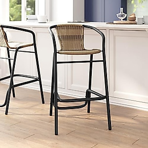 Flash Furniture Lila Commercial Grade Rattan Indoor-Outdoor Commercial Restaurant Barstool - Rattan Seat and Back - Footrest - Medium Brown