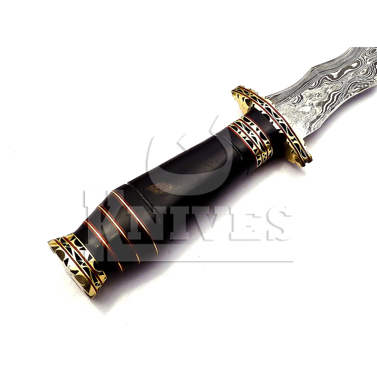 NoonKnives: custom Hand Made Damascus Steel Collectible wavy dagger Knife Handle bull horn with Brass Inserts (Black)