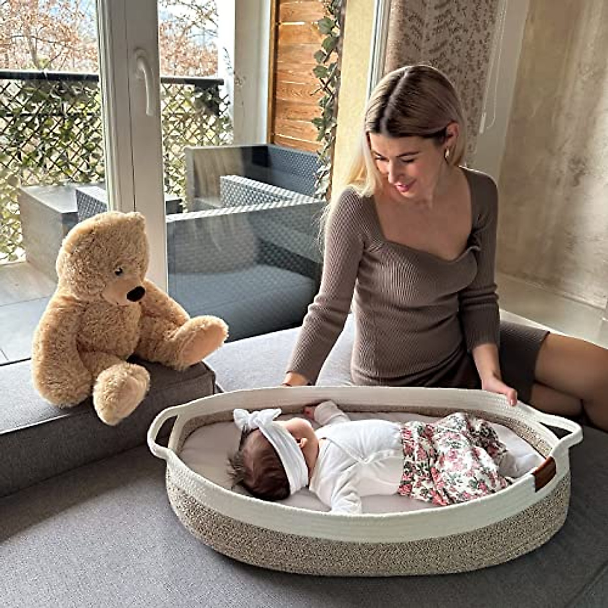 Lullababy and Co Baby Changing Basket with Two Covers – Practical Basket with Foam Pad – Cotton Rope Diaper Changing Station with Waterproof Cover - Changing Table Topper