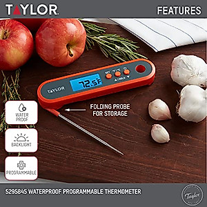 Taylor Digital Waterproof Food Meat and Candy Thermometer, with a Folding Probe, programmable presets, Backlit Display, andIncludes 2 AAA Batteries