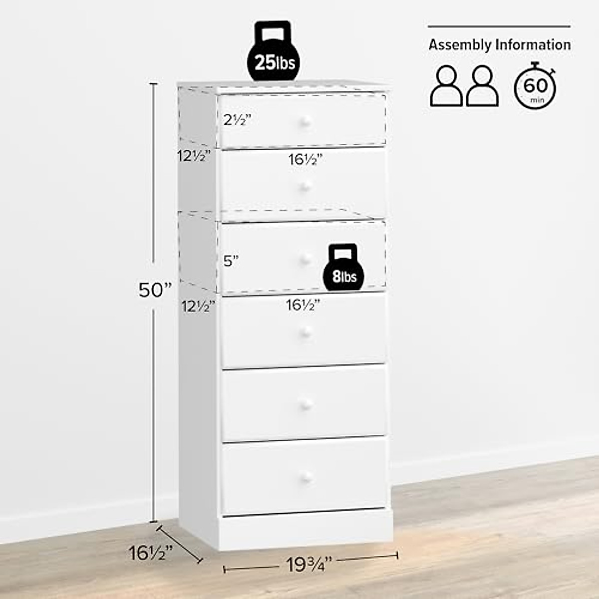 Prepac Astrid Tall White Dresser: 16.5"D x 19.75"W x 50"H, 6-Drawer Chest for Bedroom by Prepac - Perfect Chest of Drawers for Ample Storage