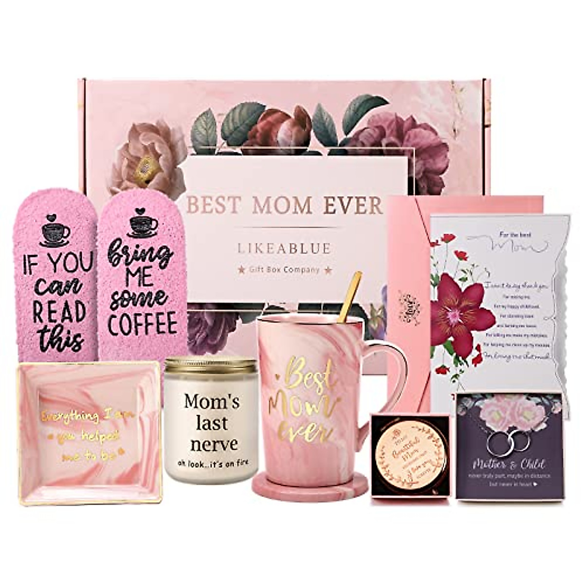 Mothers Day Gifts, Happy Birthday Mom Gifts, Gift Basket for Mom, Gift Box for Women, Wife, Mother in Law, New Mom. Christmas Gift, Mom Gifts for Mothers Day-Coffee Mug Set, Necklace, Socks, Candle