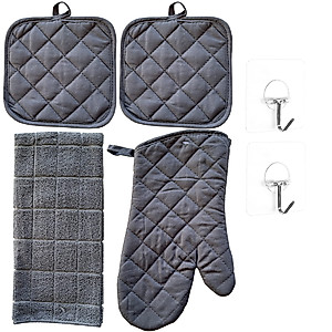Designer Kitchen Linen Set | Oven Mitt, Soft Absorbent Cotton Towel, & 2 Pot Holder | Lightweight & Decorative for Cooking Baking Housewarming Gift - Heavy Duty Self Adhesive Hook Included (Grey)
